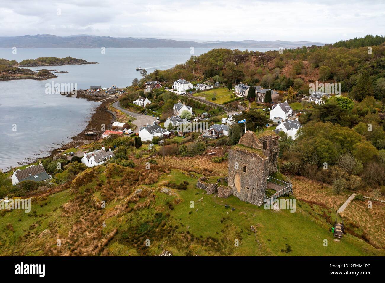 Aerial view of Tarbert castle, Tarbert, Kintyre peninsula, Argyll ...