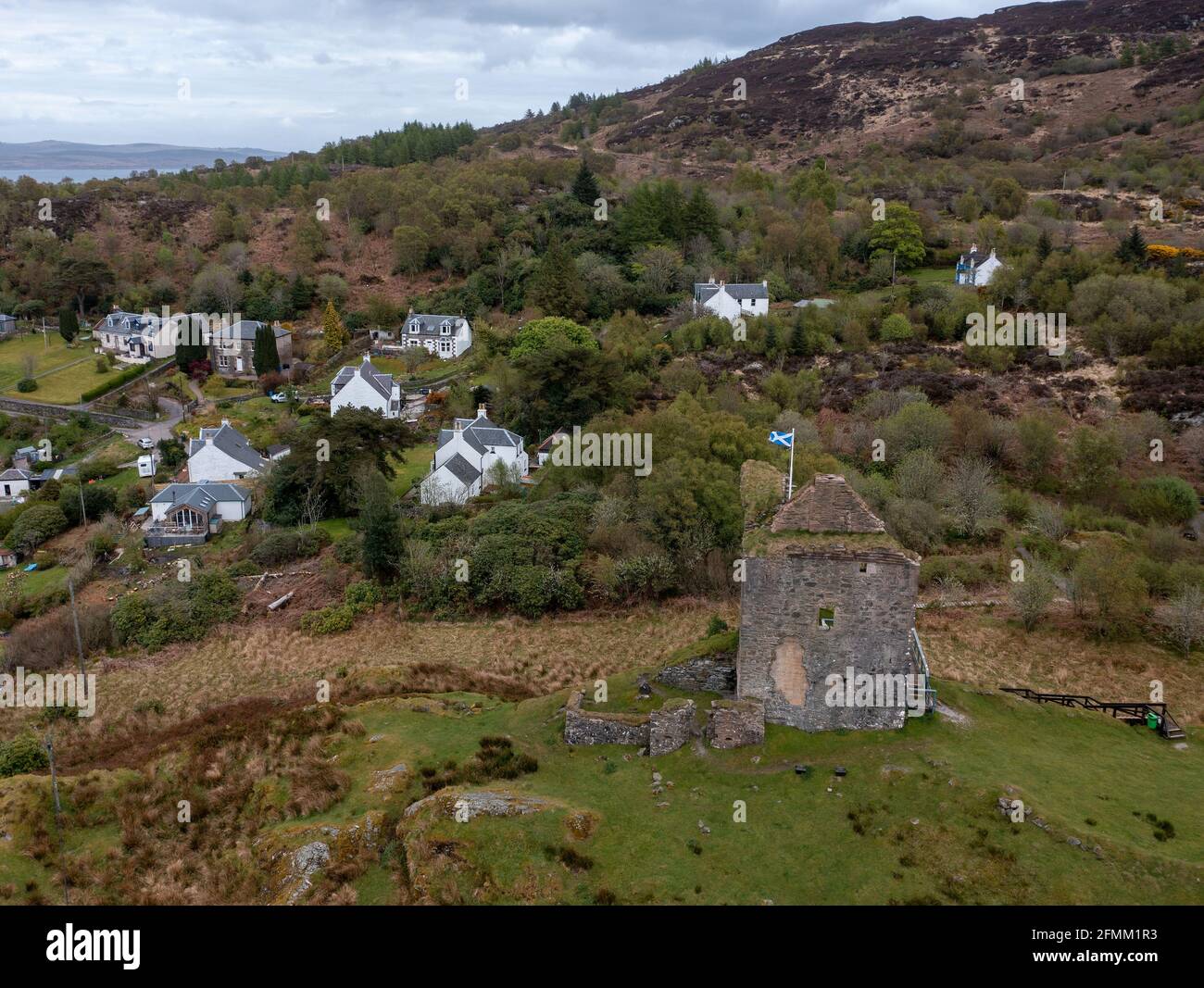 Aerial view of Tarbert castle, Tarbert, Kintyre peninsula, Argyll ...