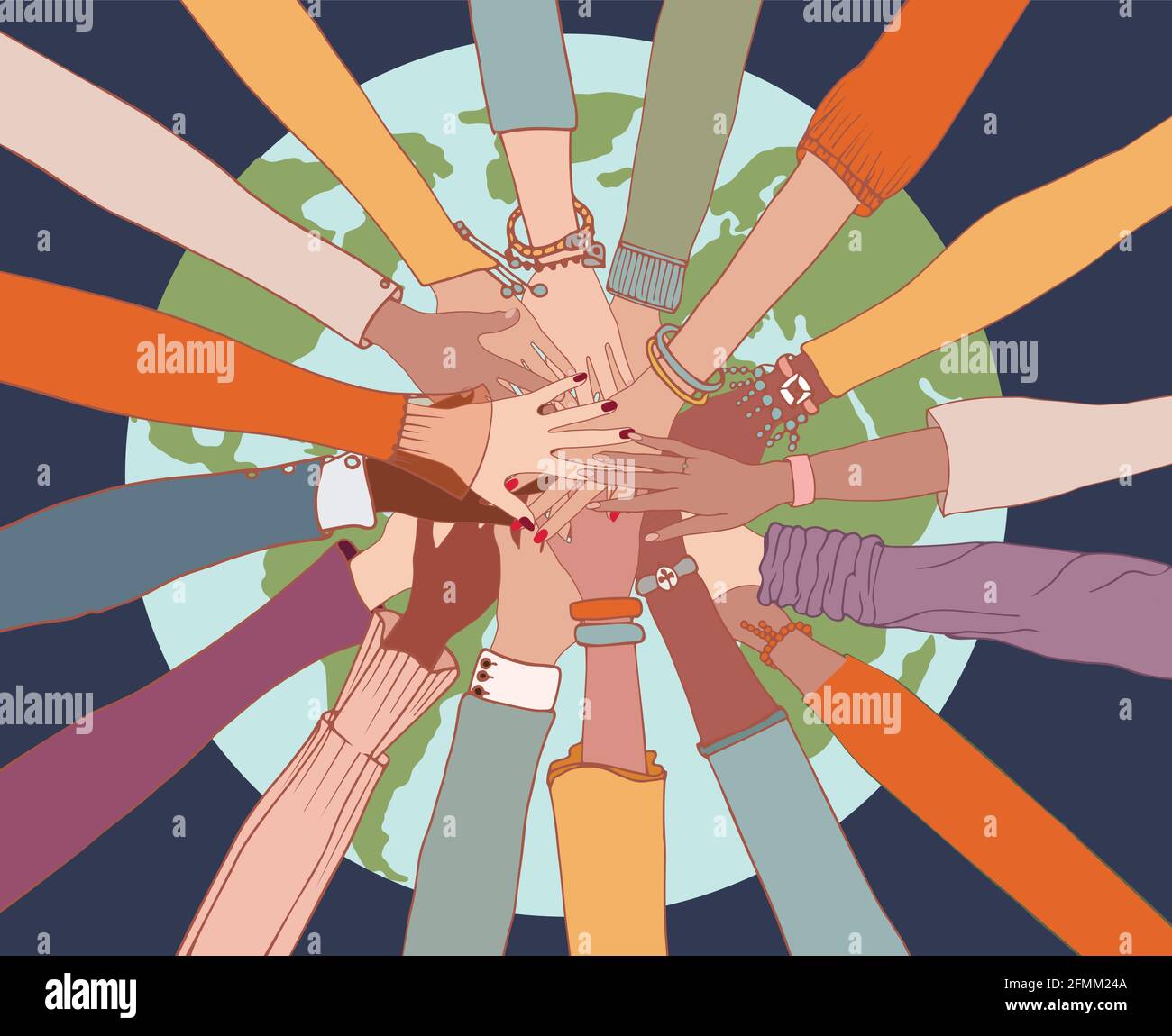 People diversity. Arms and hands on top of each other on the globe ...
