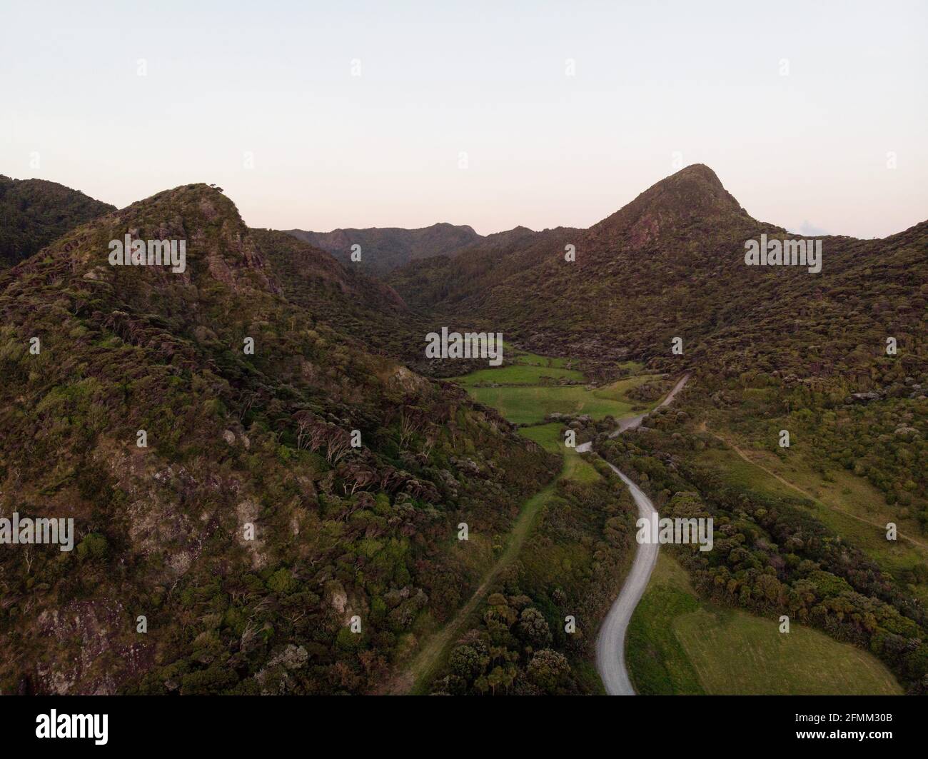 Aerial nature landscape sunset panorama at idyllic remote Whatipu beach ...