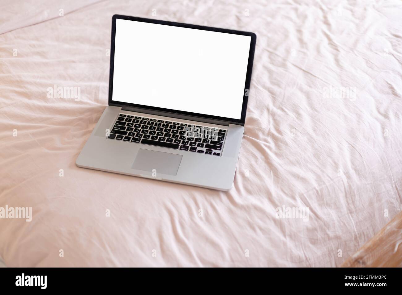 Blank screen laptop. Home office workspace. Modern nordic interior design template Stock Photo ...