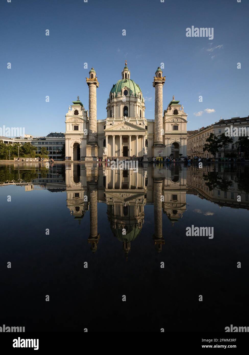 Water fountain pond mirror reflection panorama of old historic roman ...