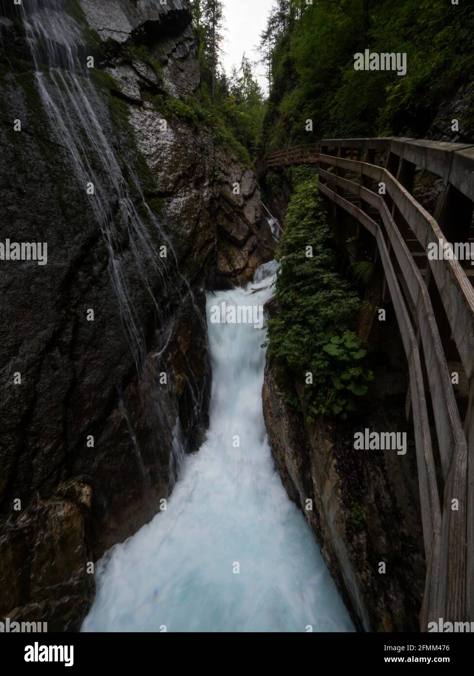 Nature landscape panorama of wooden boardwalk path in raw wild mountain ...