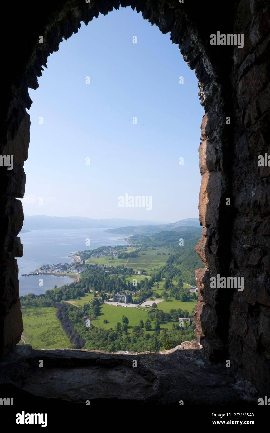 view from Dun na Cuaich watchtower of Inveraray Castle, Argyll ...