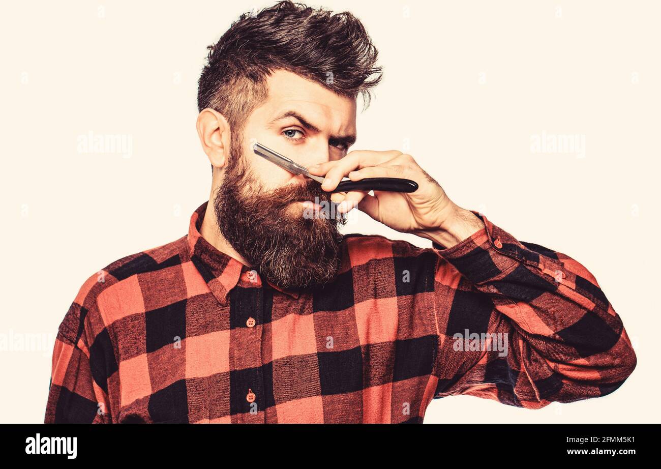 Vintage straight razor. Mens haircut in barber shop. Barber straight ...