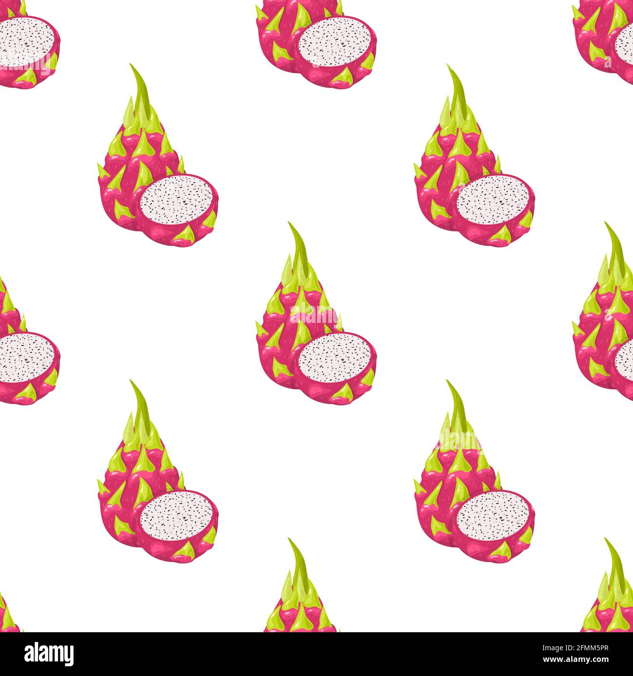 Seamless pattern with fresh whole and half cut red pitaya fruits ...