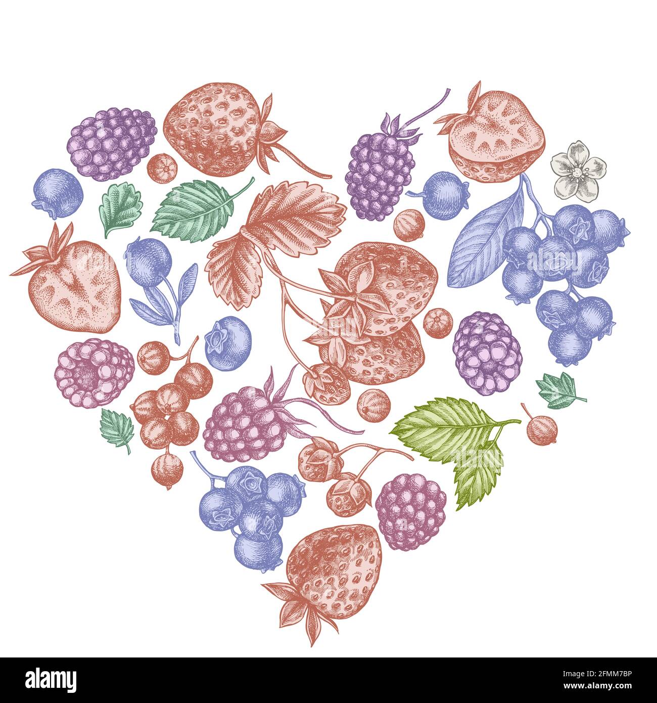 Heart design with pastel strawberry, blueberry, red currant, raspberry ...