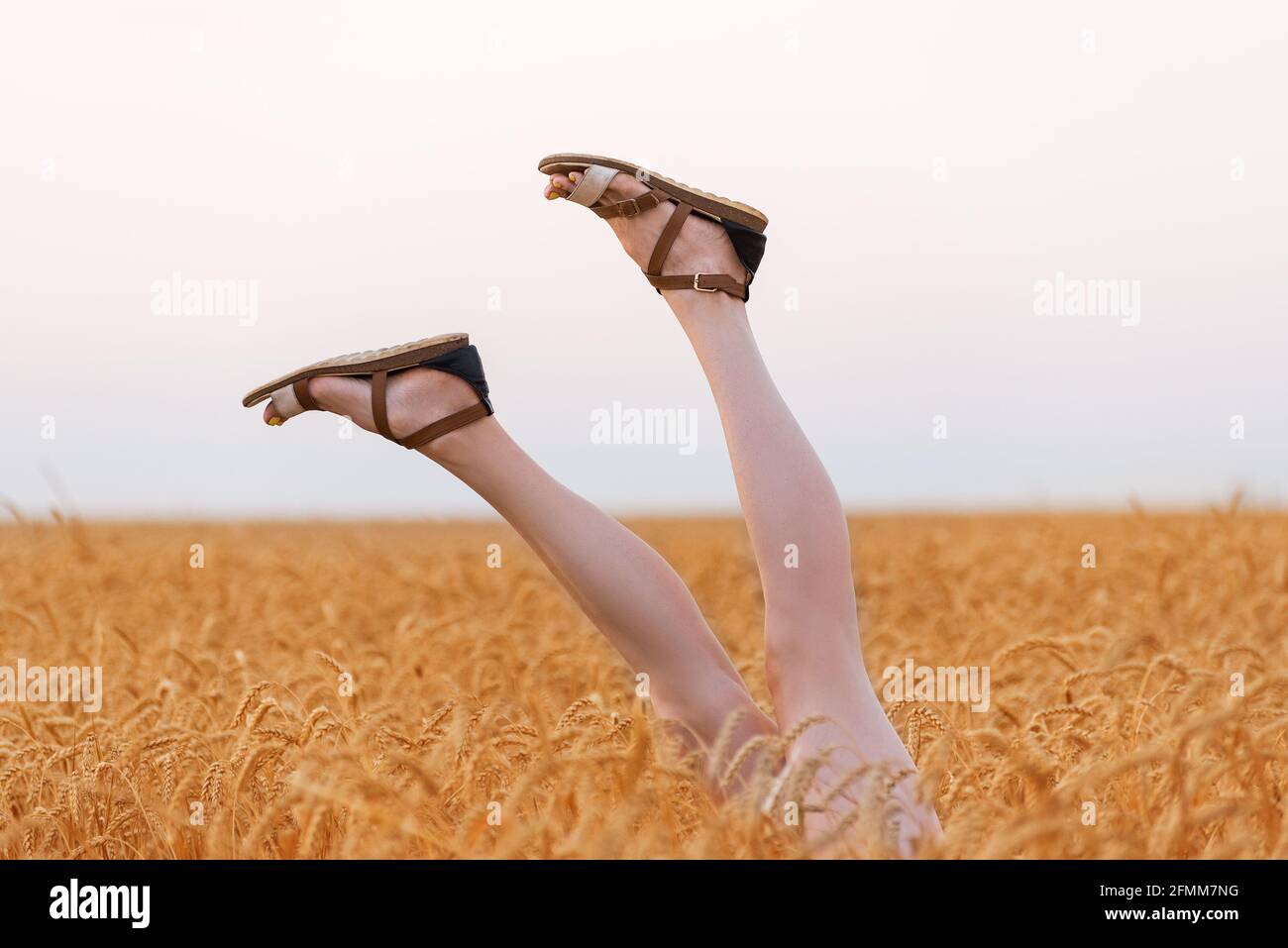 Feet in sandals upwards. Female legs on sky background Stock Photo - Alamy