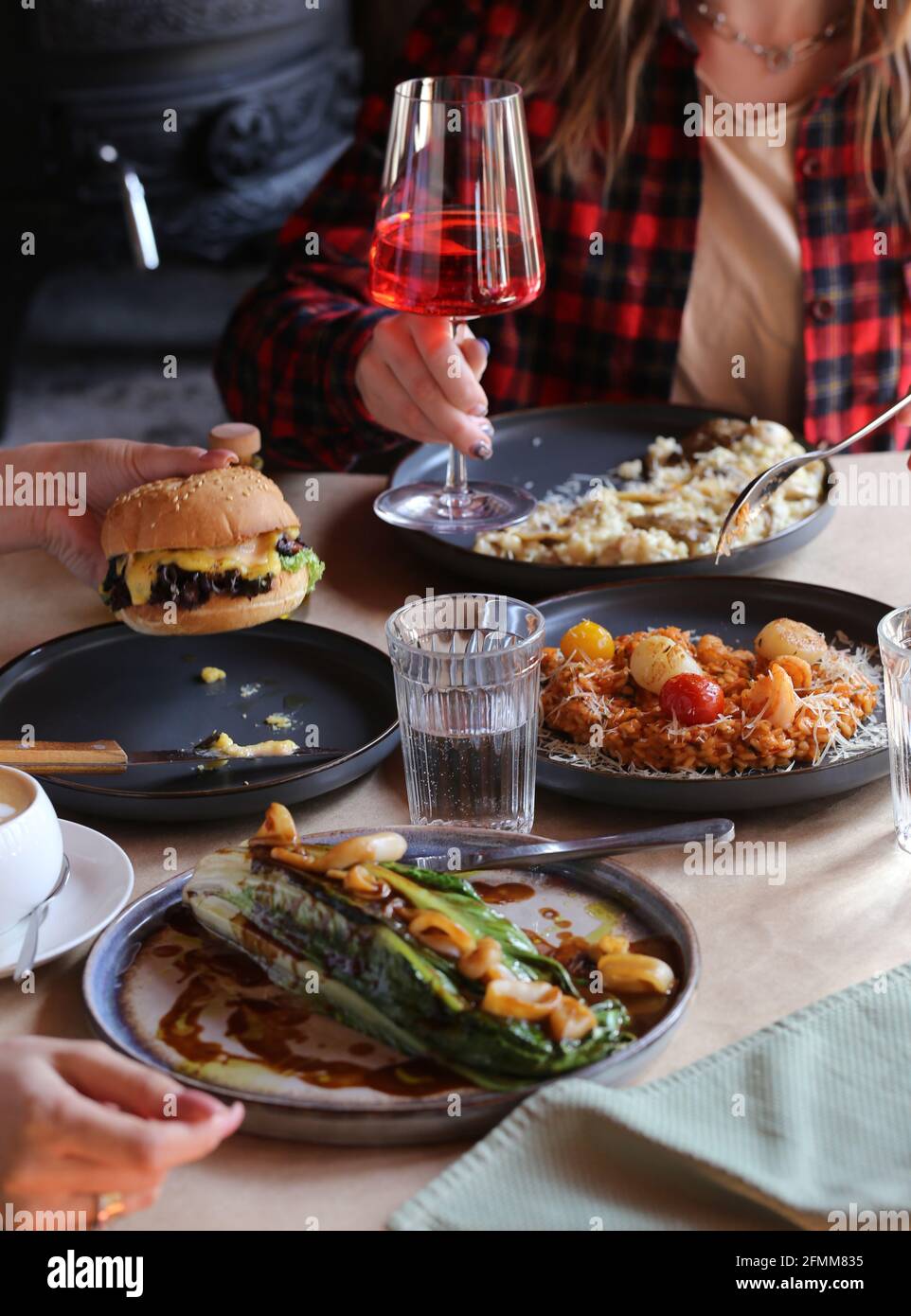 set lunch table with different dishes Stock Photo - Alamy