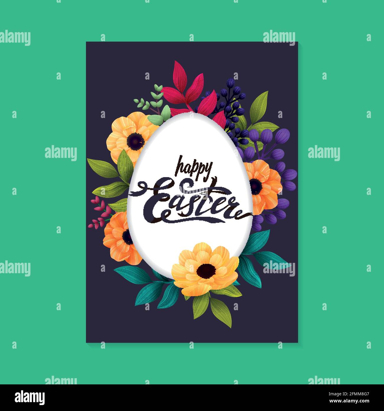 Happy Easter greeting card. Calligraphic lettering on white egg frame ...
