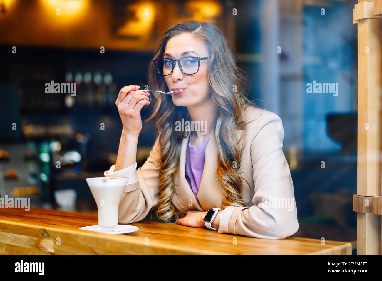 Business Woman Sitting Cafe Behind Window Waiting Business Partner ...