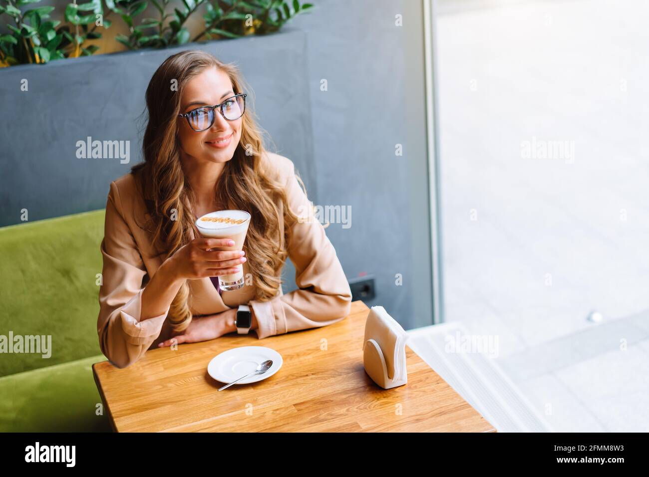 Business Woman Sitting Cafe Near Window Waiting Business Partner ...
