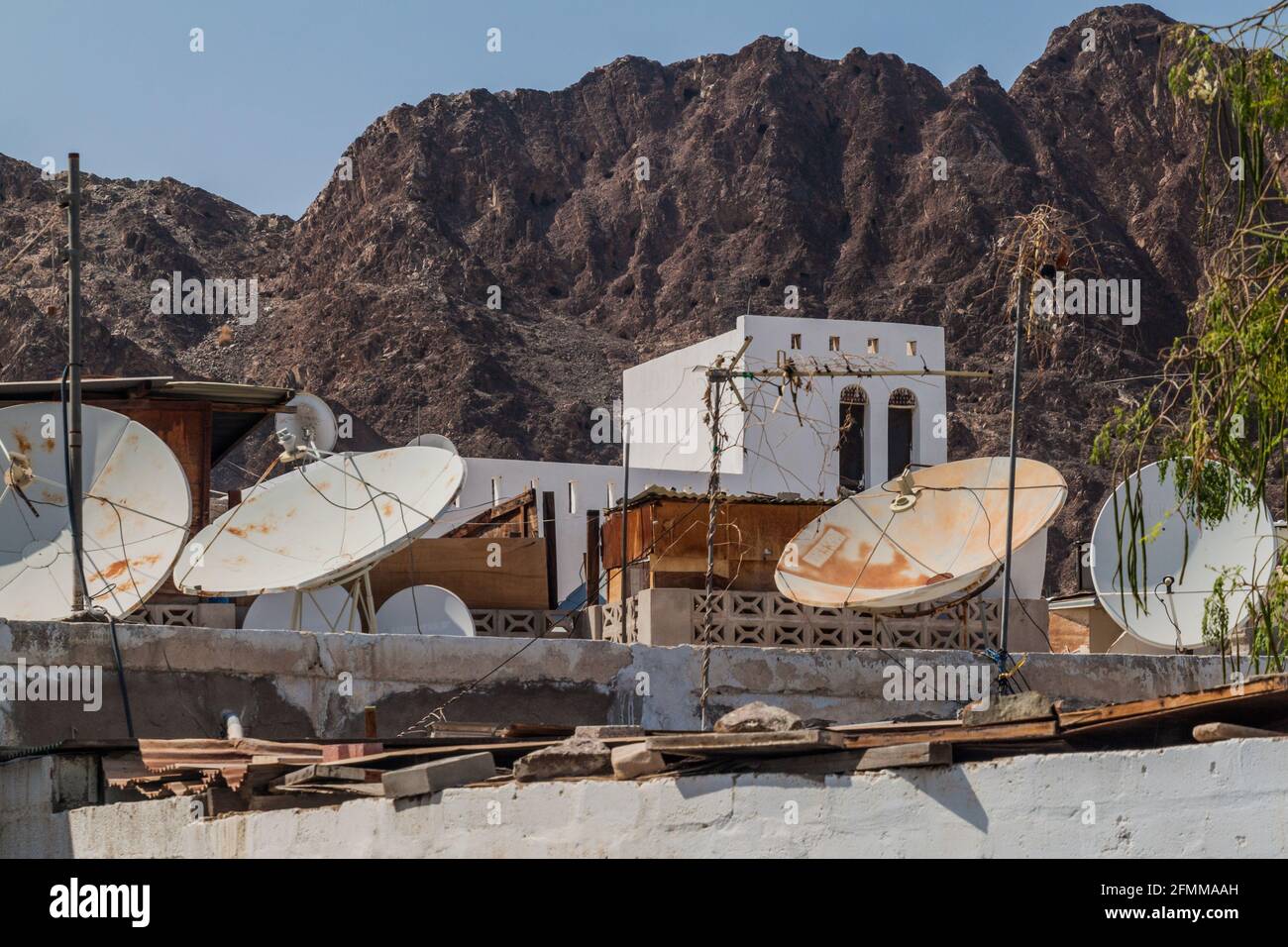 Satellite dishes in Muttrah neighborhood in Muscat, Oman Stock Photo ...