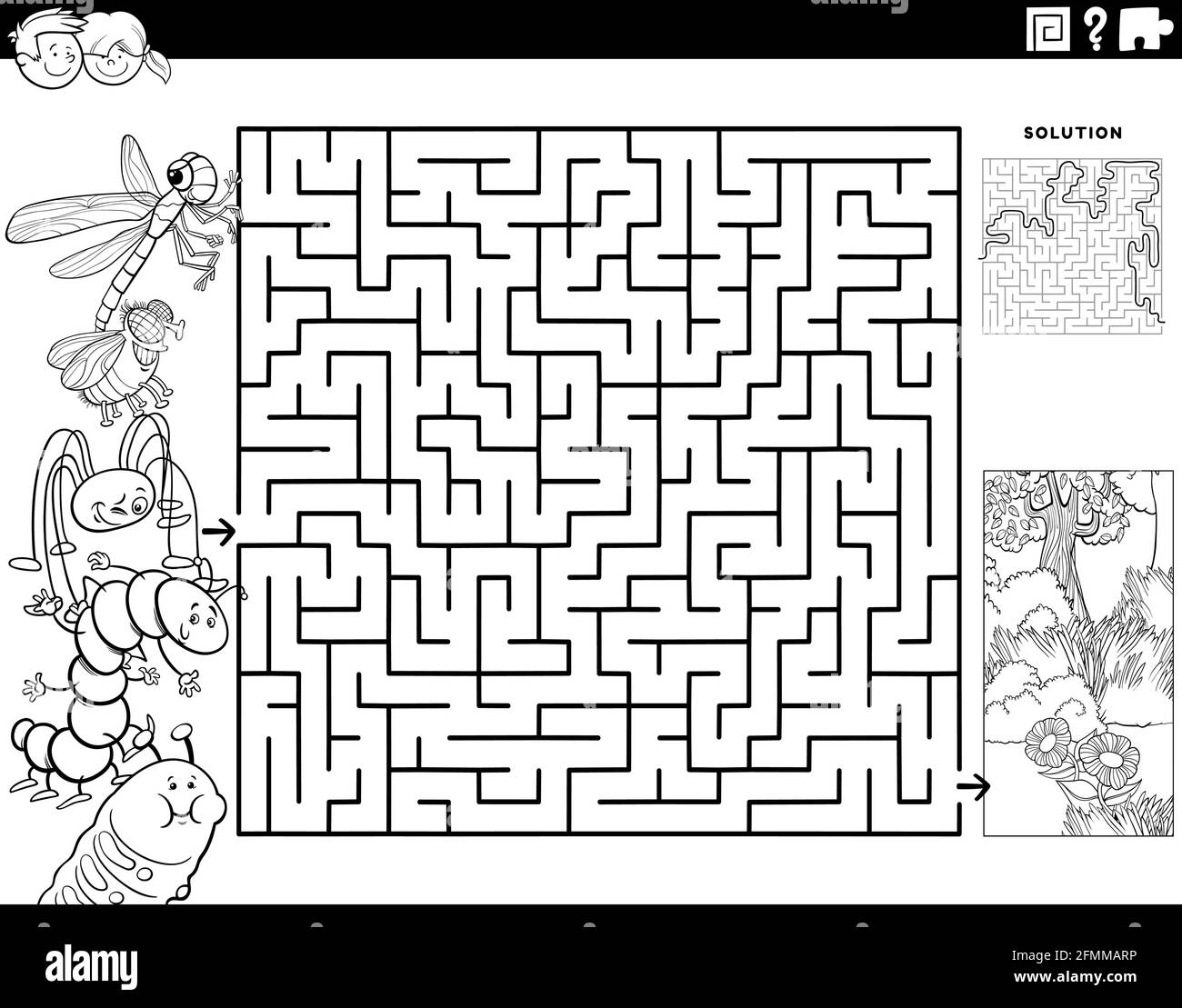 Black and white cartoon illustration of educational maze puzzle game ...