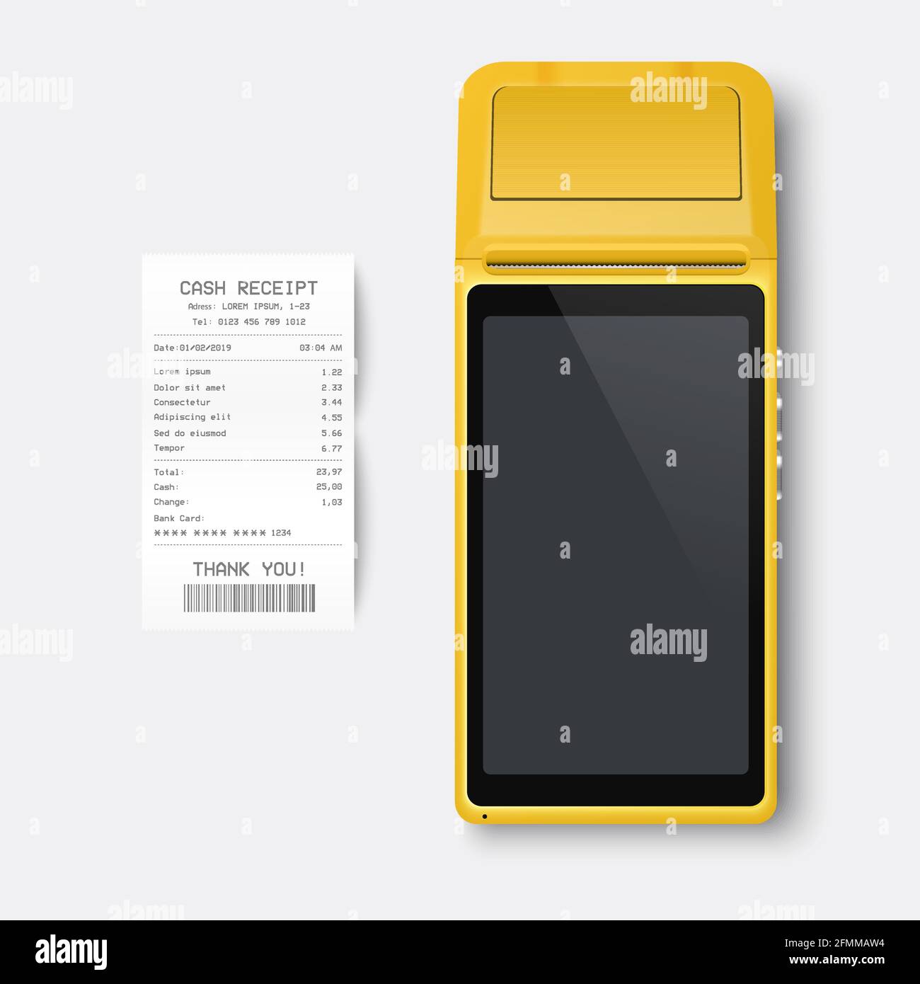 Vector Realistic Yellow 3d Payment Machine. POS Terminal, Paper Receipt Closeup Isolated on ...