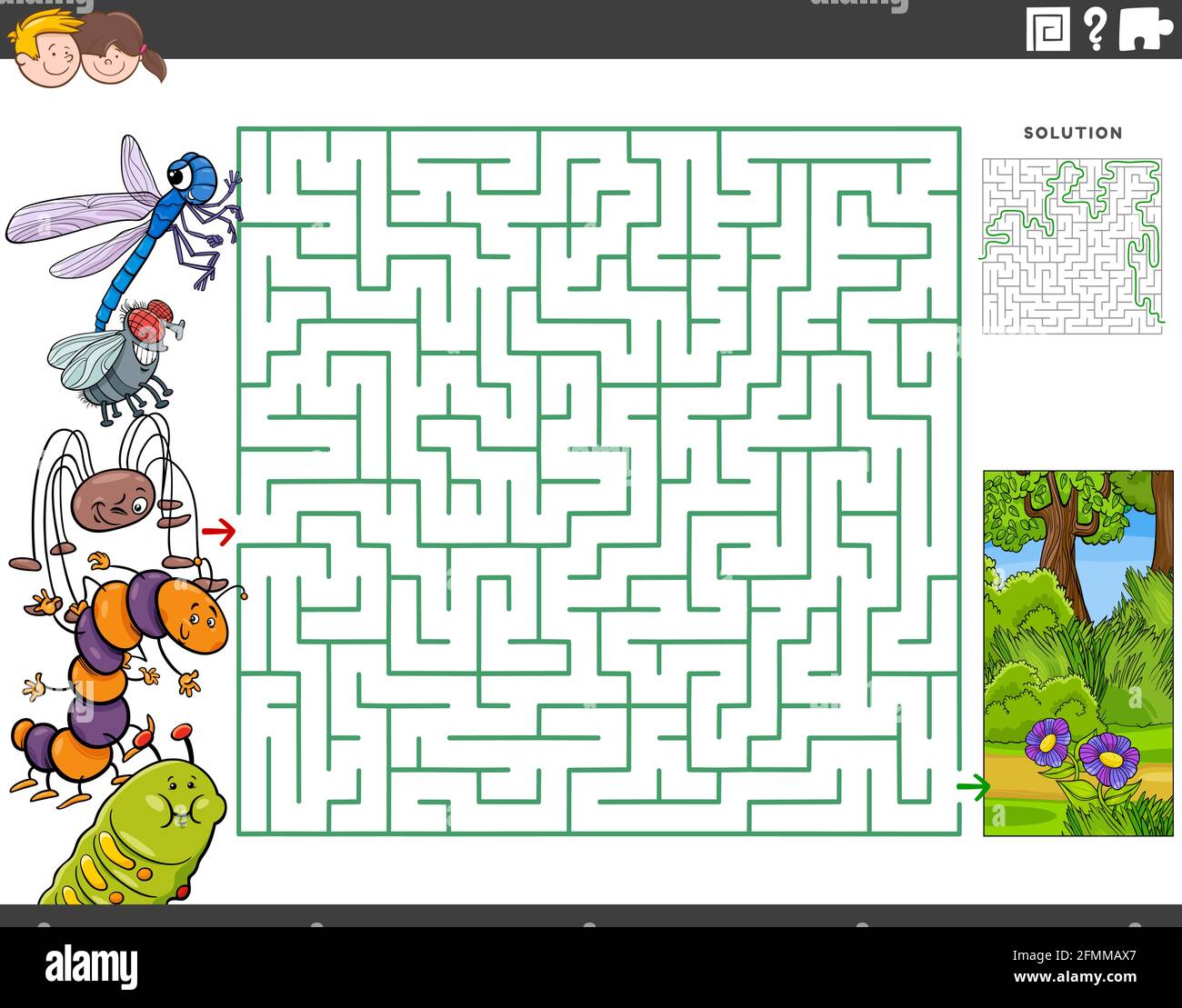 Cartoon illustration of educational maze puzzle game for children with ...