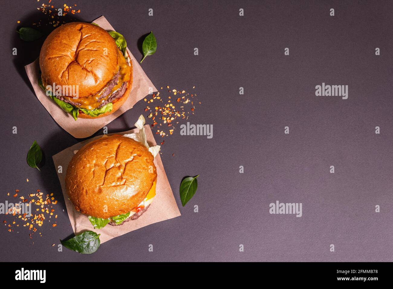 Fresh burgers, American fast food. Assorted of two pieces, modern hard ...