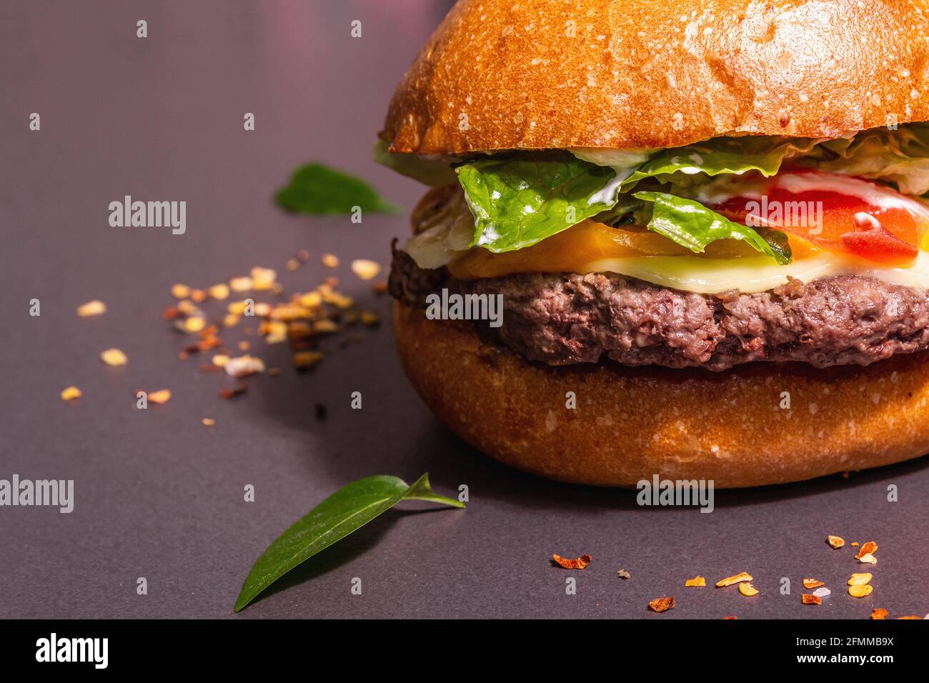 Fresh burgers, American fast food. Modern hard light, dark shadow ...