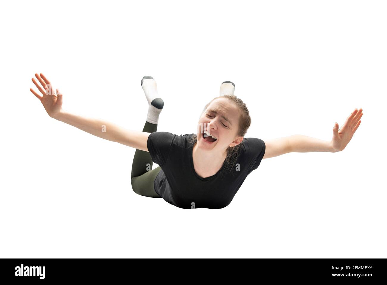 Woman falling from height isolated on white background. Falling in ...