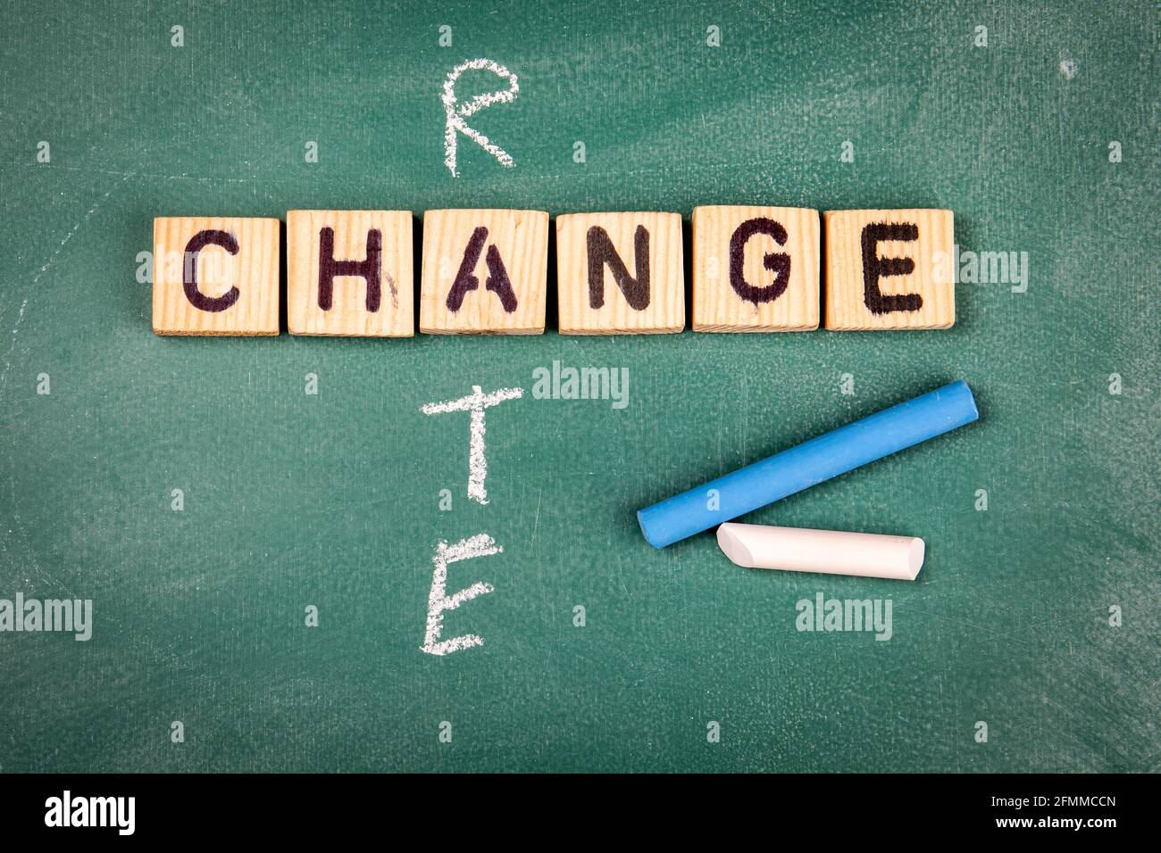 Change Rate concept. Wooden alphabet letters on a green chalk board ...