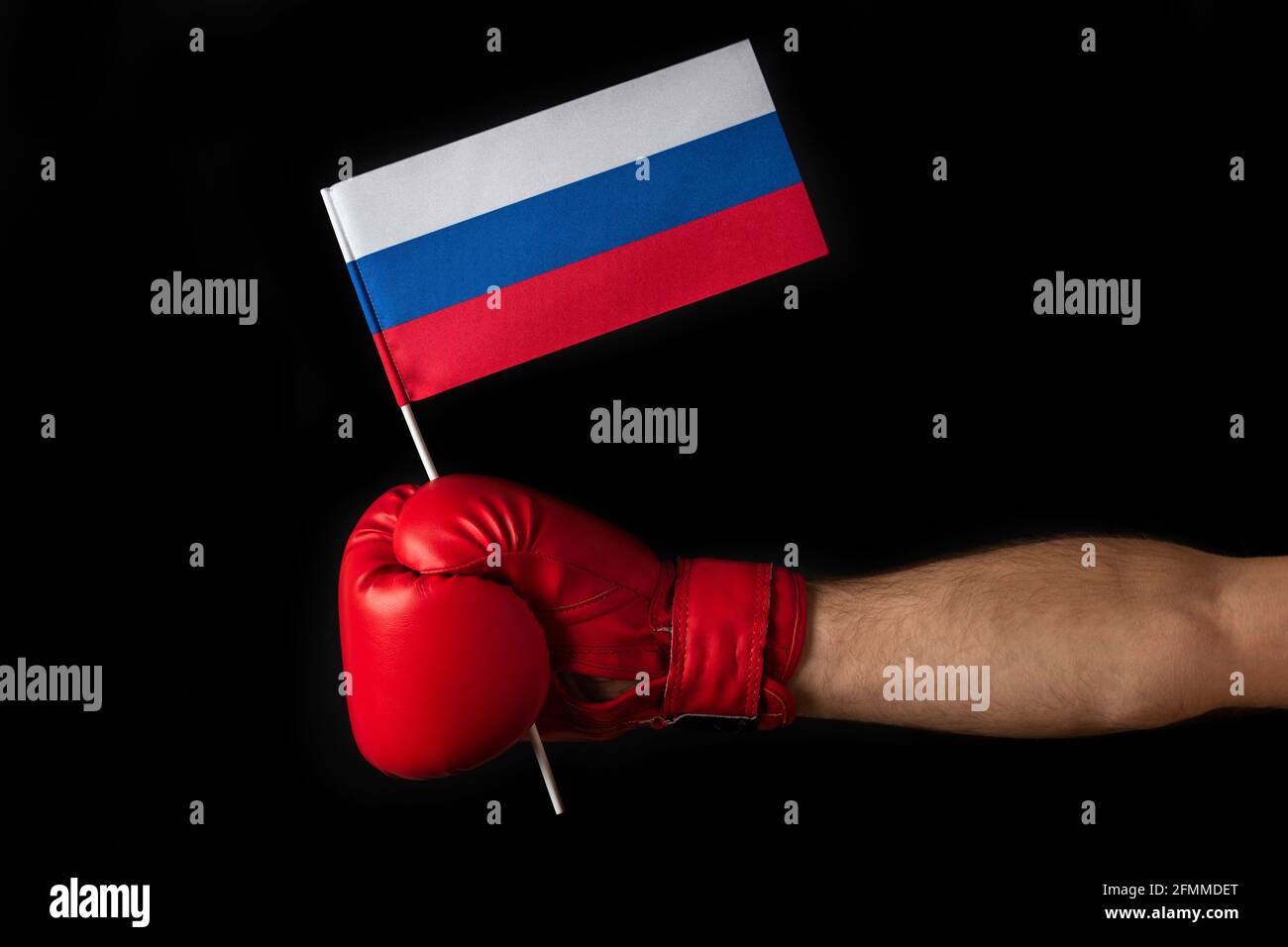 Boxers hand holds flag of Russia. Boxing glove with the Russian flag ...