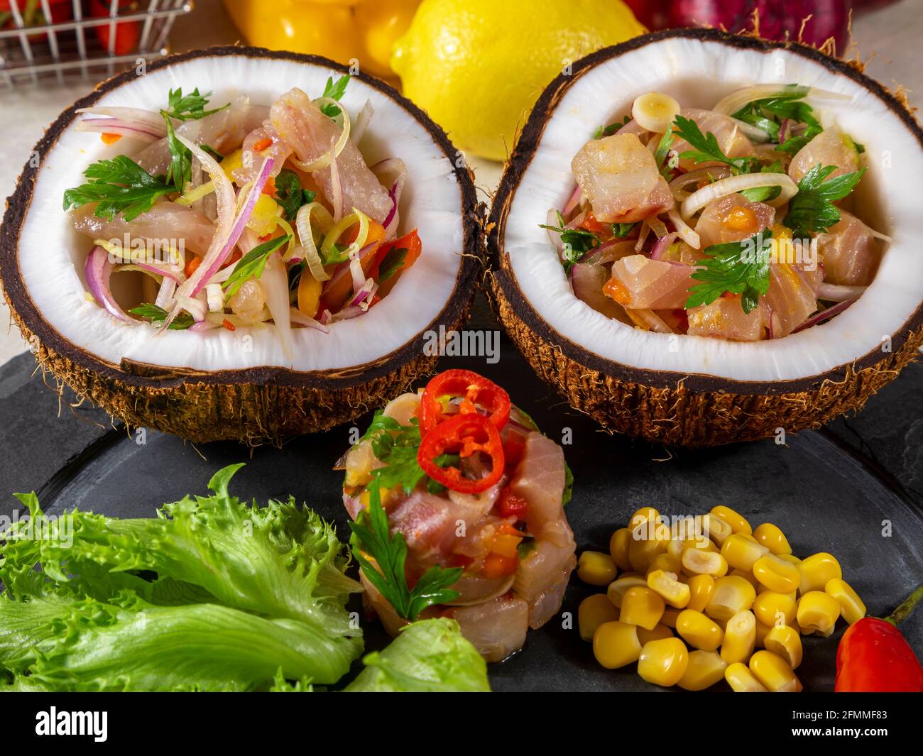 Ceviche dish - appetiser of fresh fish marinated in citrus with ...