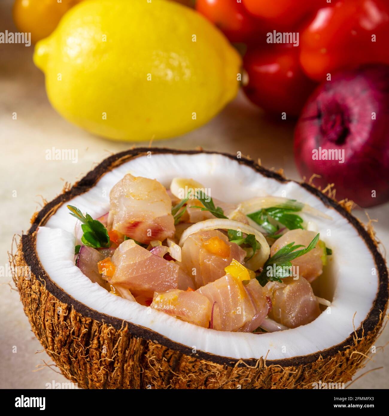 Ceviche dish - appetiser of fresh fish marinated in citrus with ...