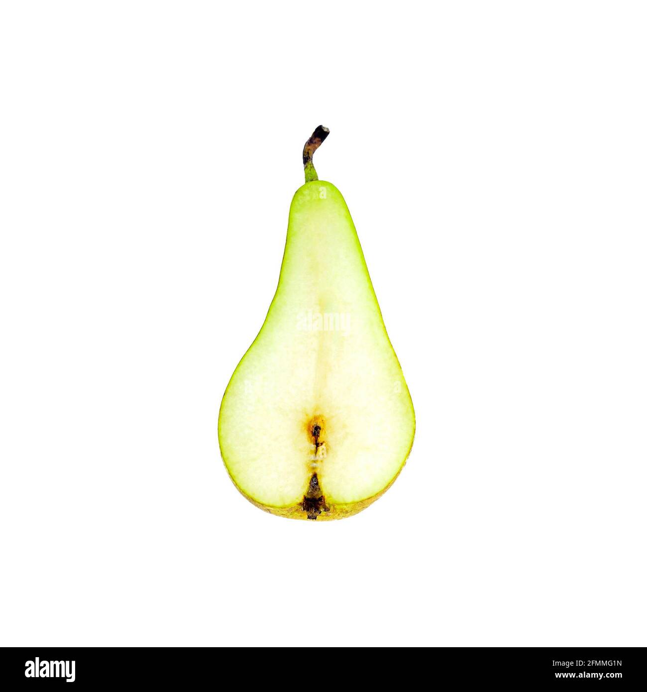 Fresh green organic sliced pear half close up isolated on white ...