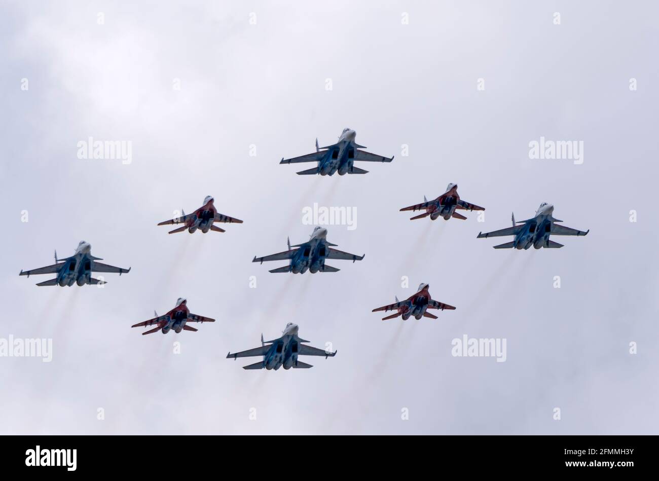 MOSCOW, RUSSIA - MAY 7, 2021: Avia parade in Moscow. group jet fighter ...