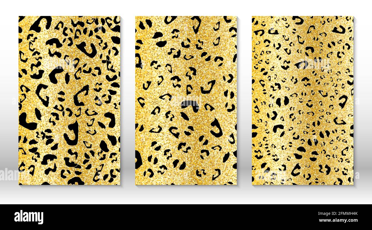 Leopard print. Golden glitter invitation cards. Sparkle gold texture ...