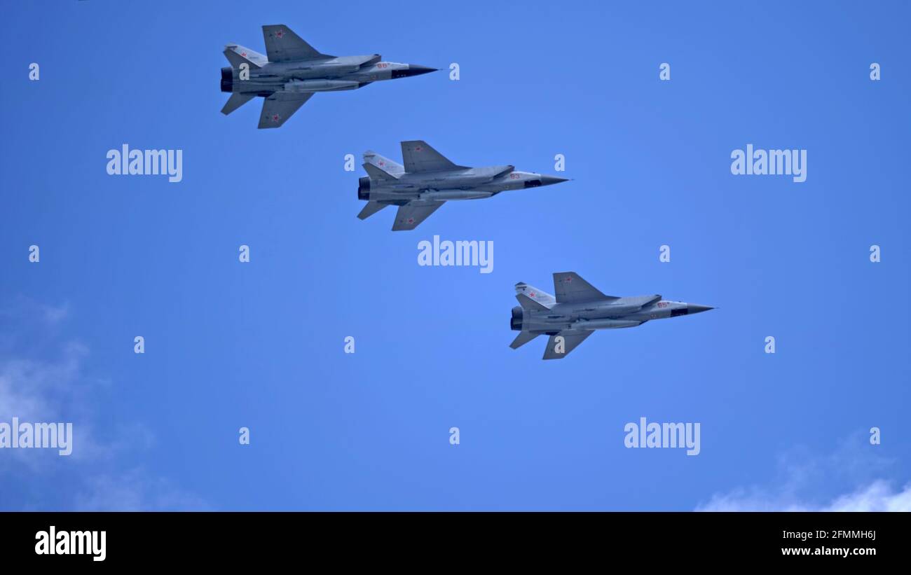 MOSCOW, RUSSIA - MAY 7, 2021: Avia parade in Moscow. group jet fighter ...