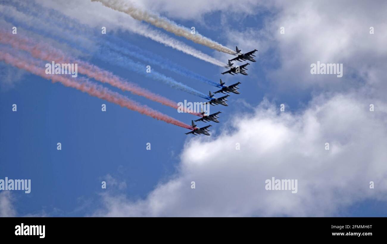 MOSCOW, RUSSIA - MAY 7, 2021: Avia parade in Moscow. Group of Russian ...