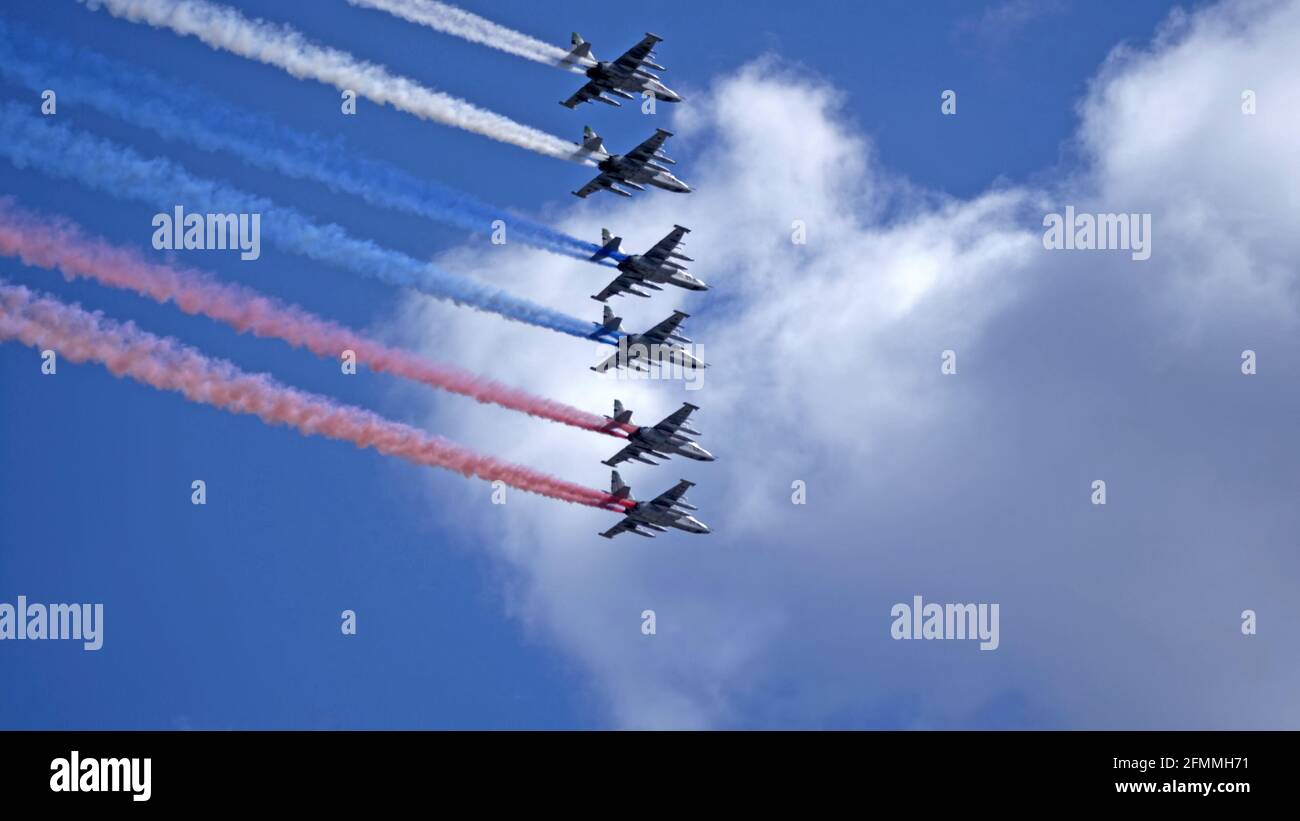 MOSCOW, RUSSIA - MAY 7, 2021: Avia parade in Moscow. Group of Russian ...