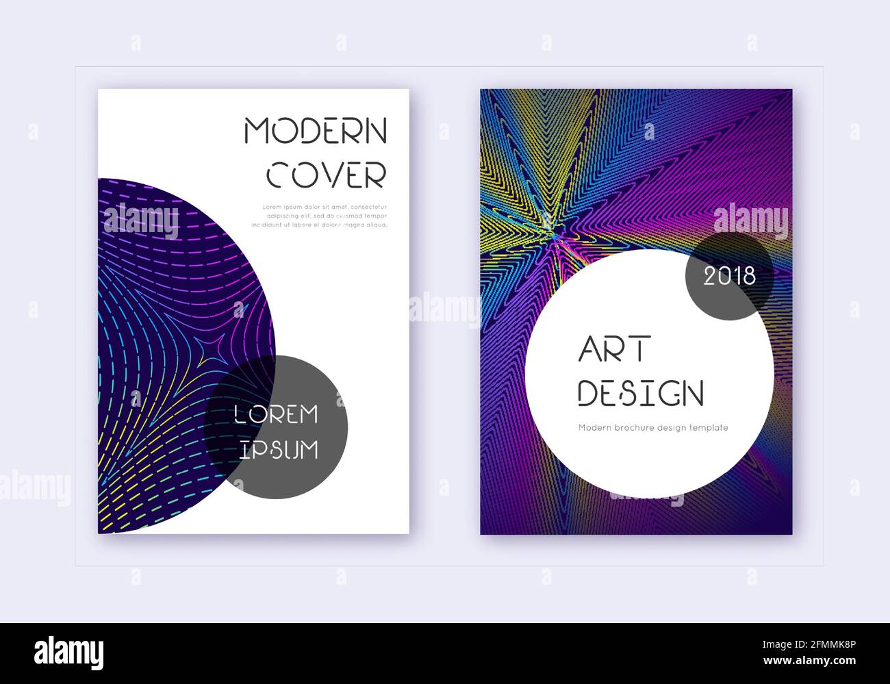 Trendy cover design template set. Rainbow abstract lines on dark blue ...