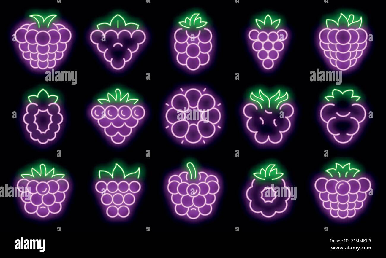 Blackberry icons set. Outline set of blackberry vector icons neon color ...