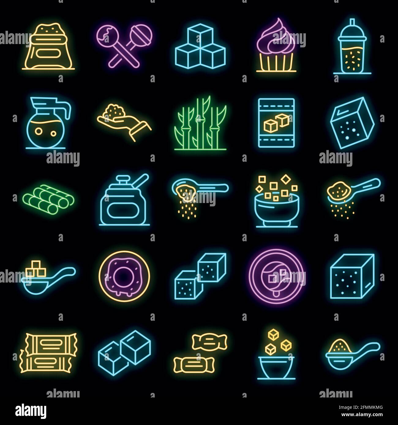 Sugar icons set. Outline set of sugar vector icons neon color on black ...