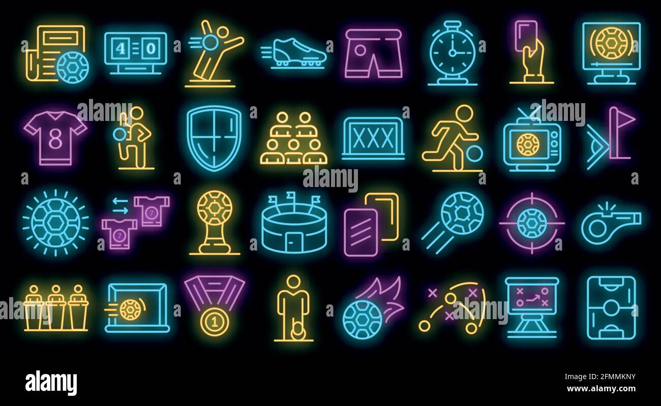 Soccer icons set. Outline set of soccer vector icons neon color on ...