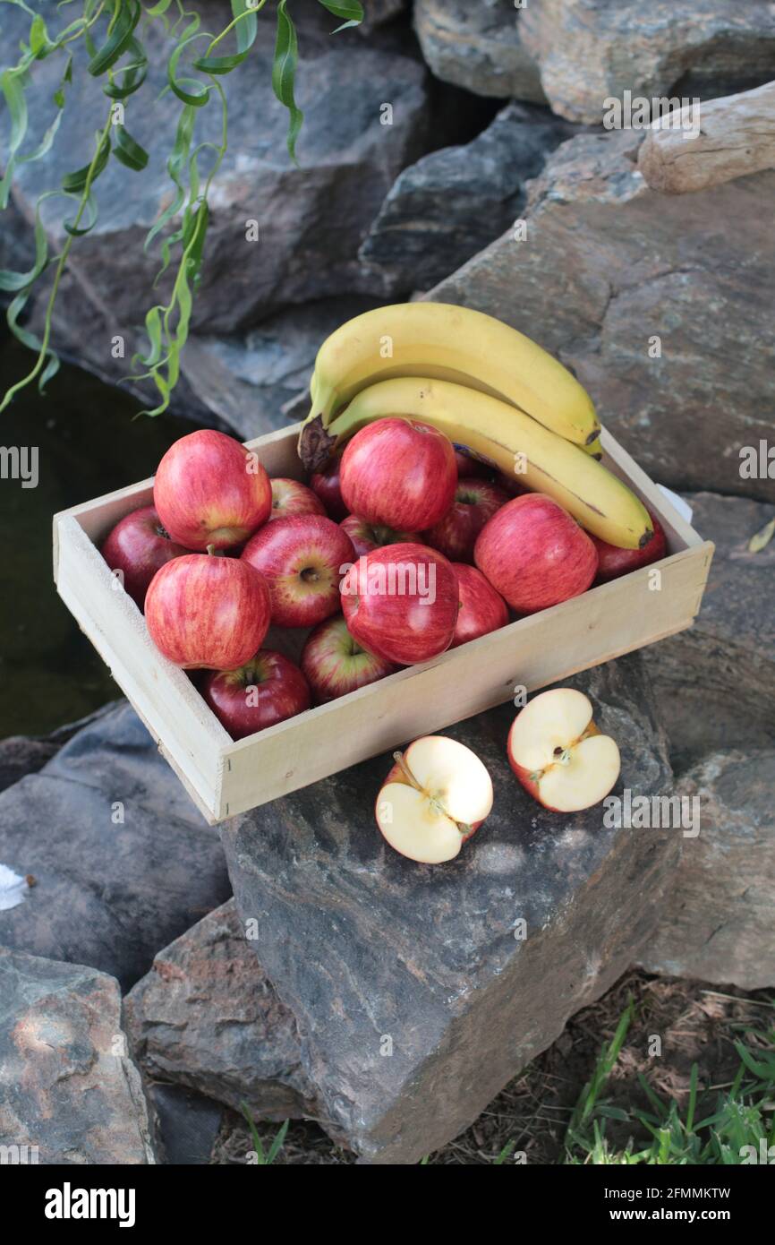 apples and bananas in a box in the garden Stock Photo - Alamy