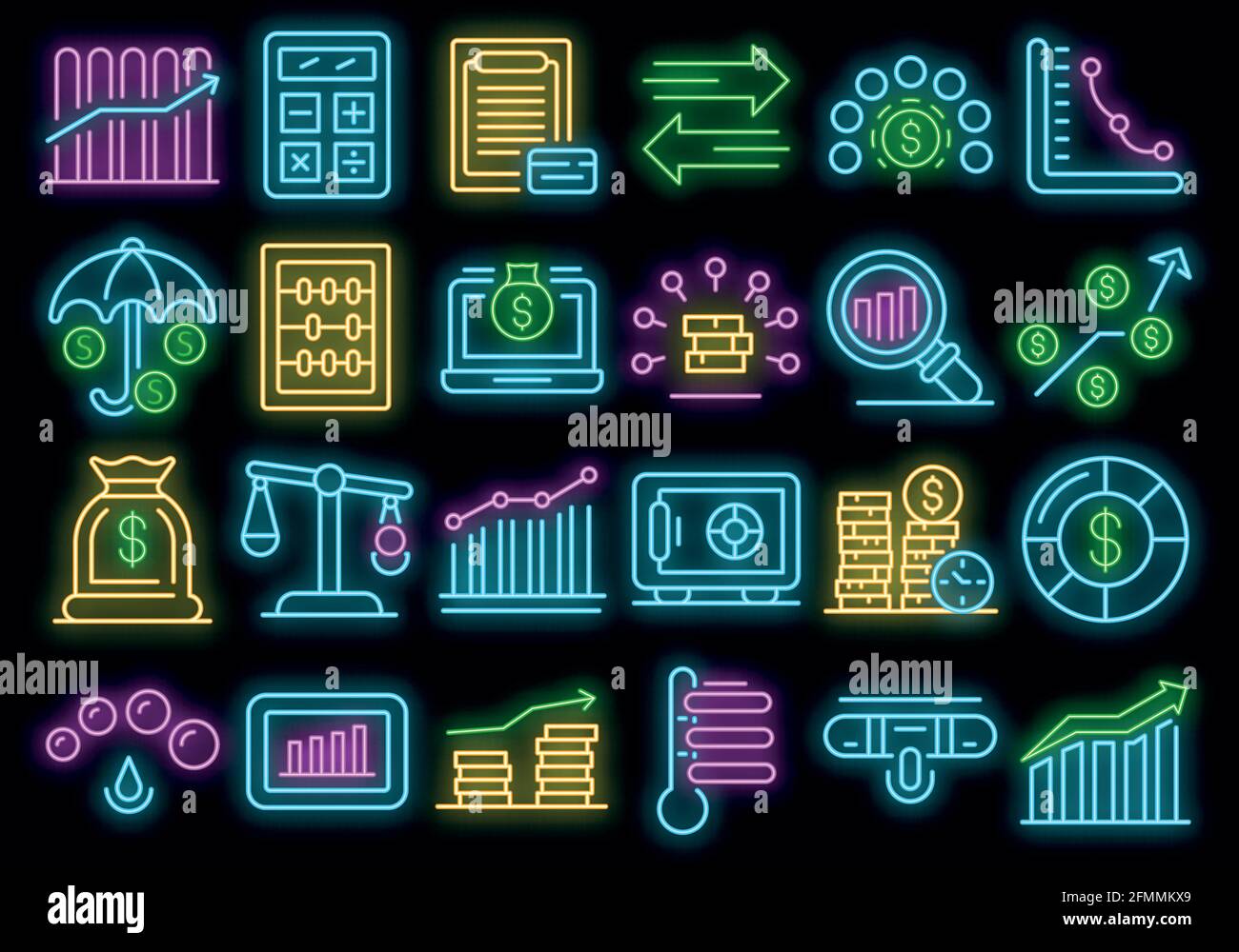 Credit score icons set. Outline set of credit score vector icons neon ...