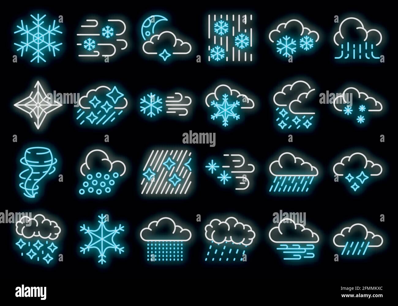 Blizzard icons set. Outline set of blizzard vector icons neon color on ...