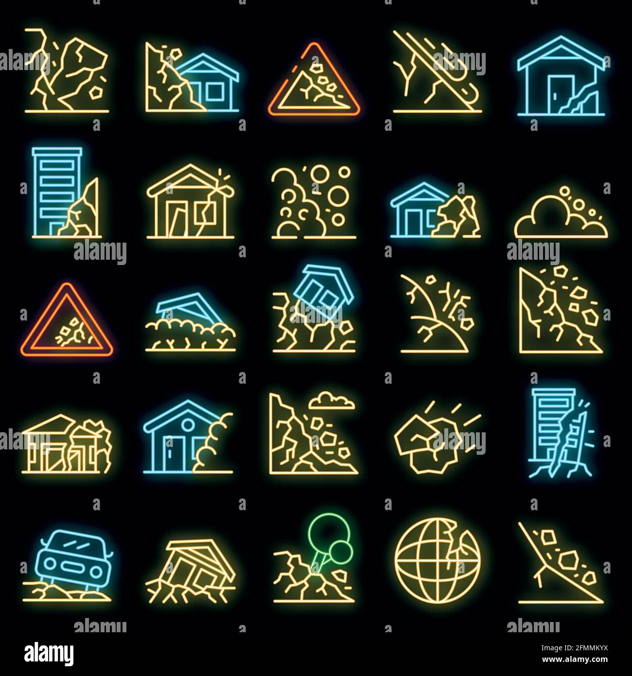 Landslide icons set. Outline set of landslide vector icons neon color ...