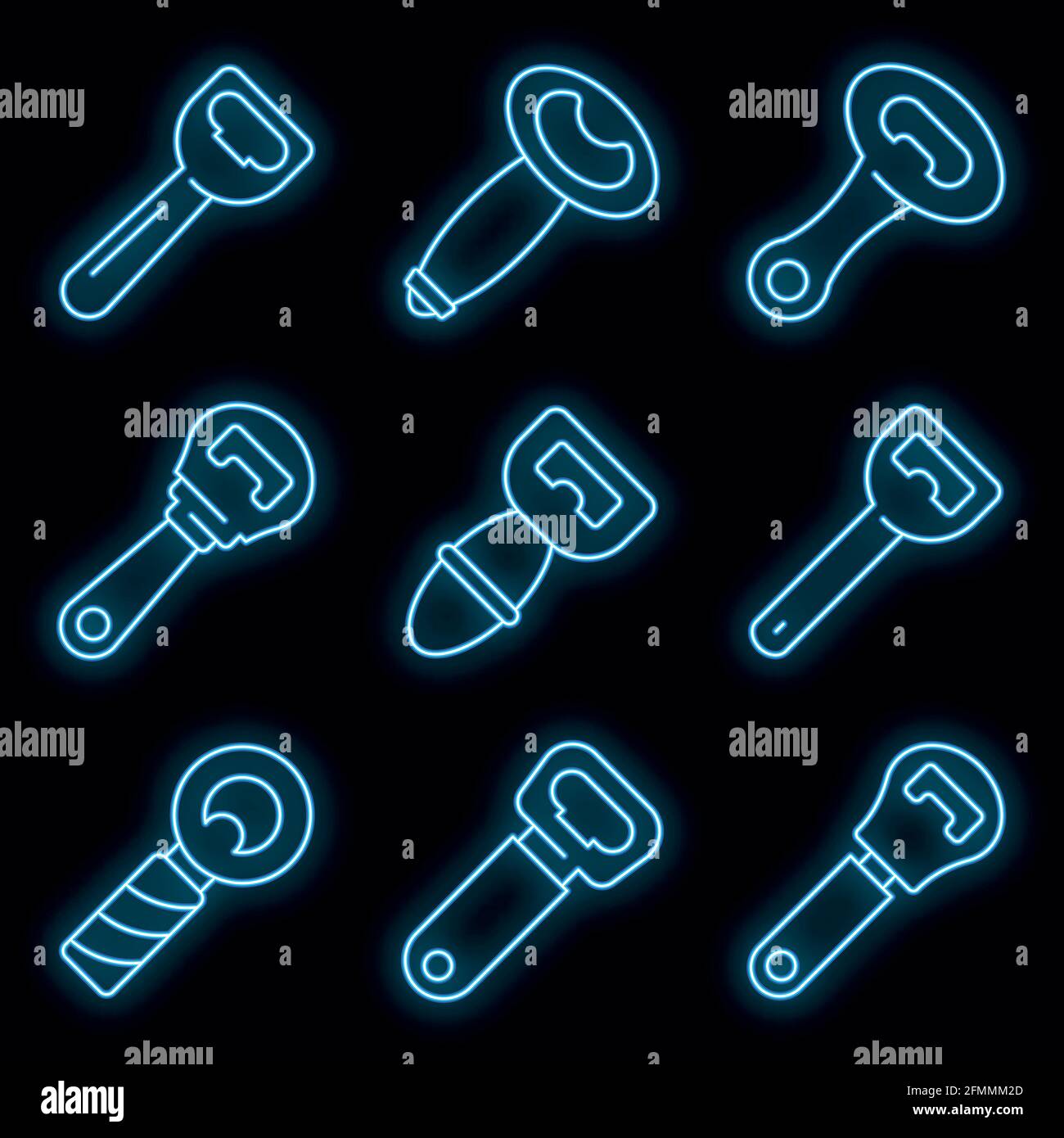 Bottle-opener icons set. Outline set of bottle-opener vector icons neon ...
