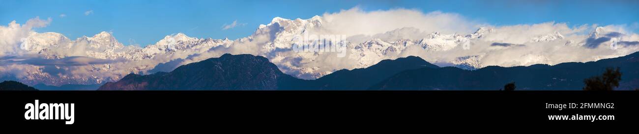 Morning panoramic view of mount Chaukhamba, Himalaya, panoramic view of ...