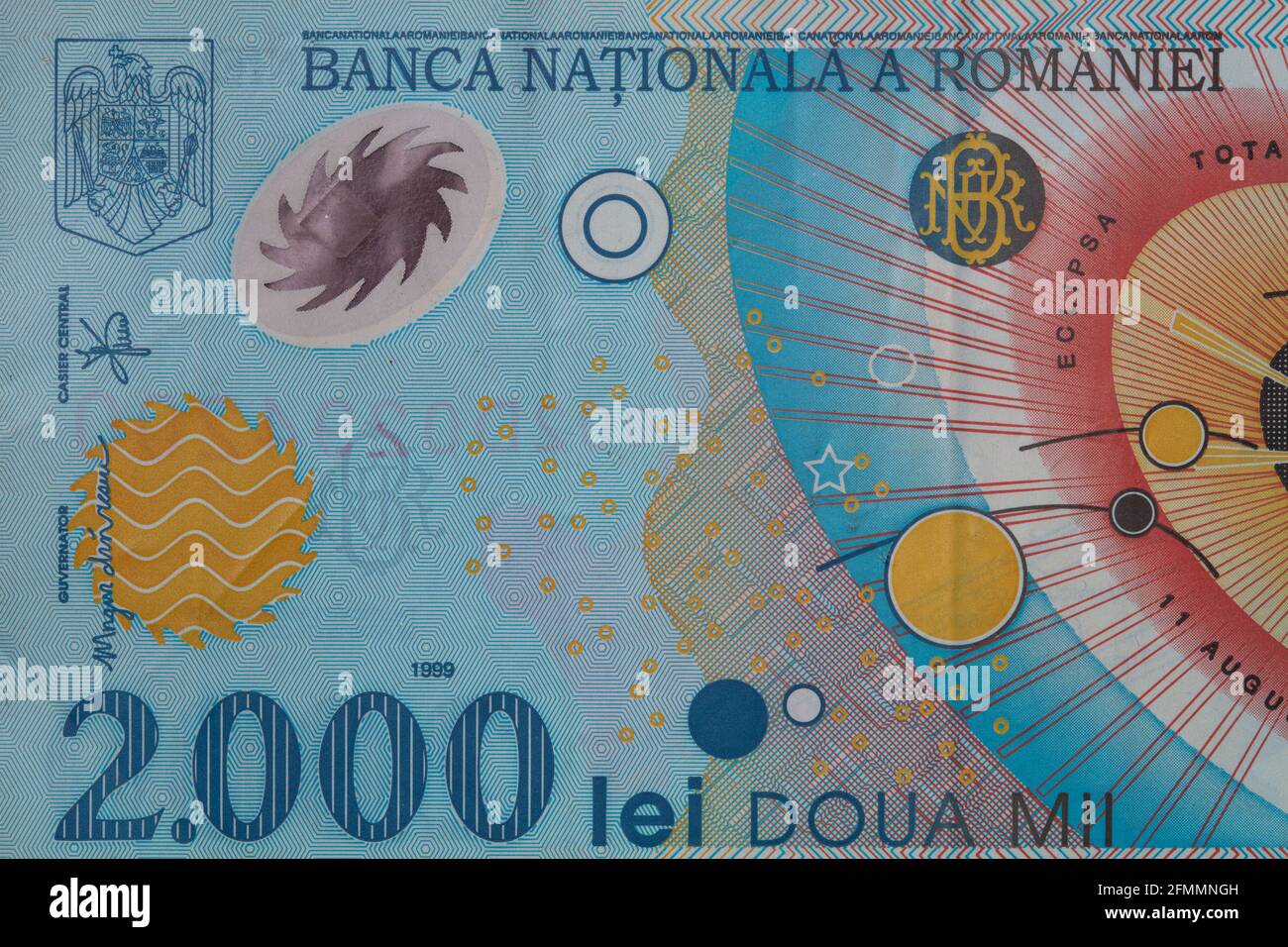 Fragment of 2000 Romanian lei banknote, 1999 Series - polymer, for ...