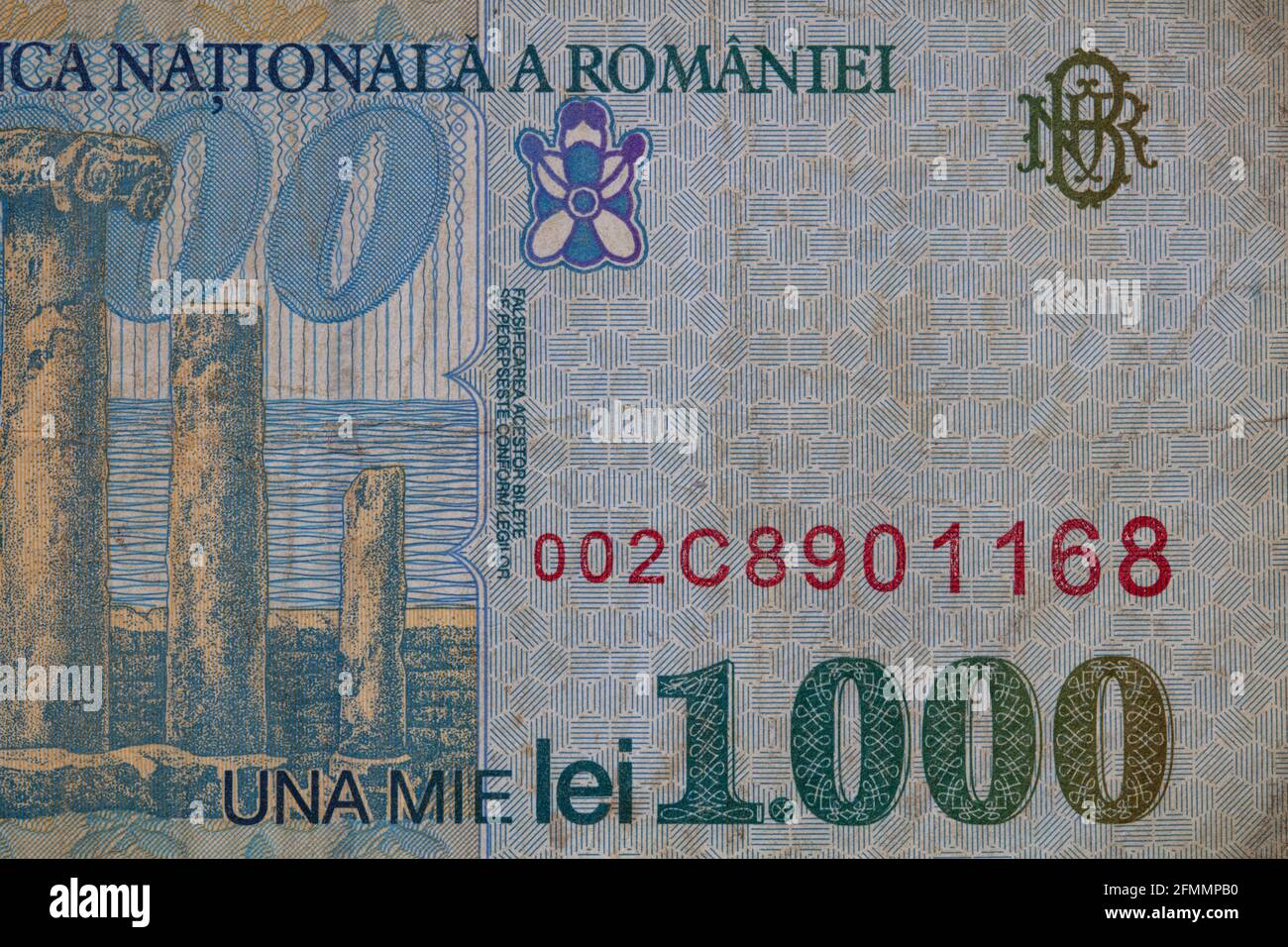 Closeup of 1000 Romanian lei banknote, 1996 Series - paper, for design ...