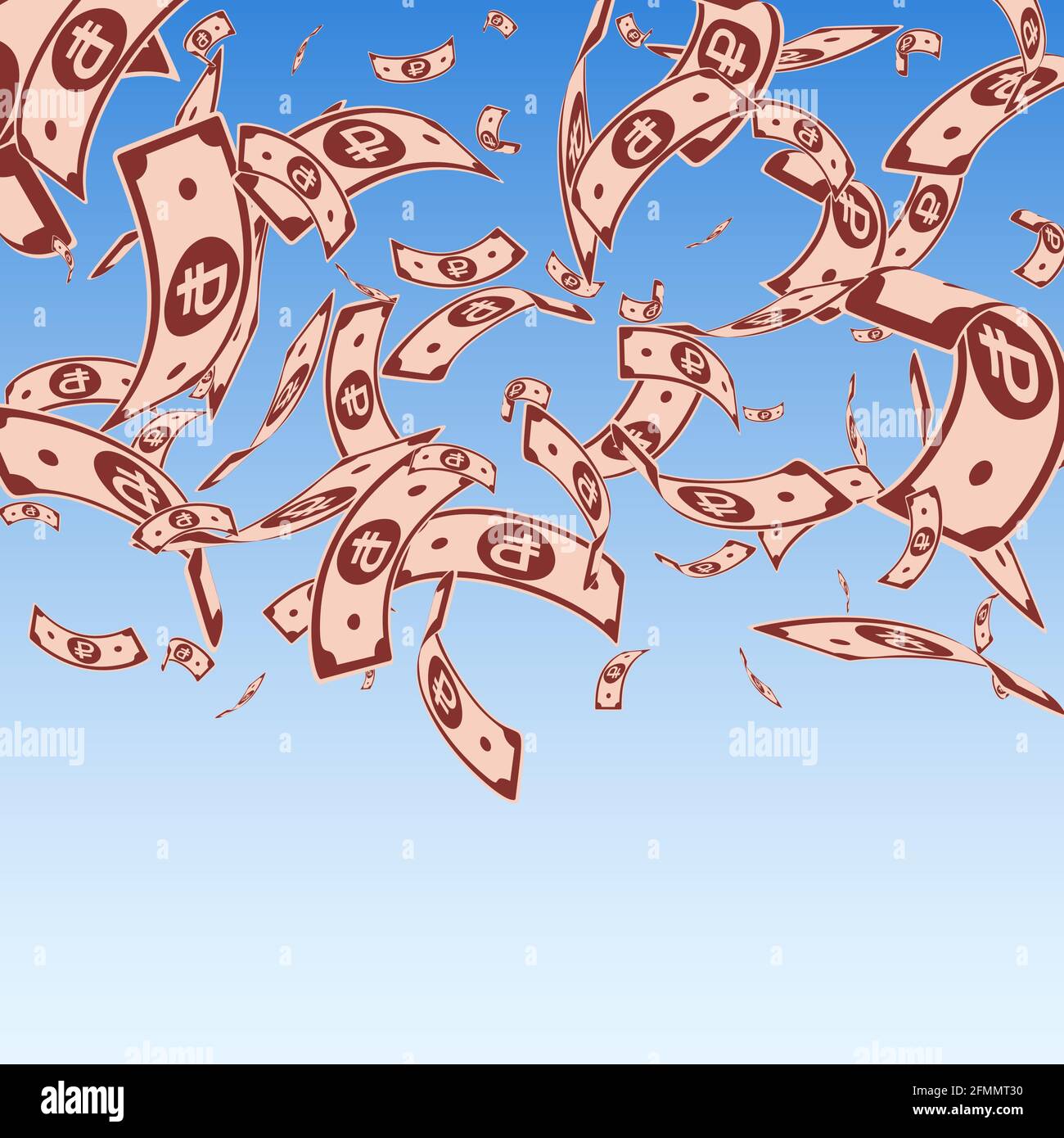 Russian ruble notes falling. Random RUB bills on blue sky background ...