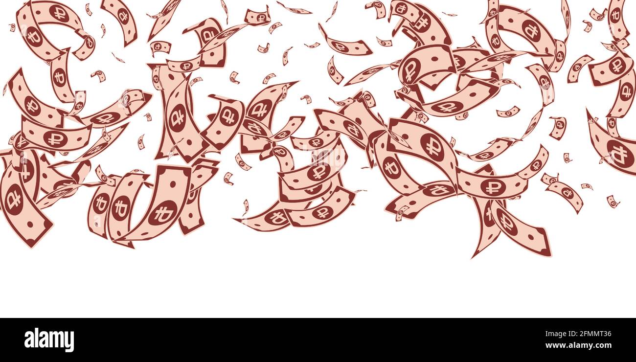 Russian ruble notes falling. Random RUB bills on white background ...