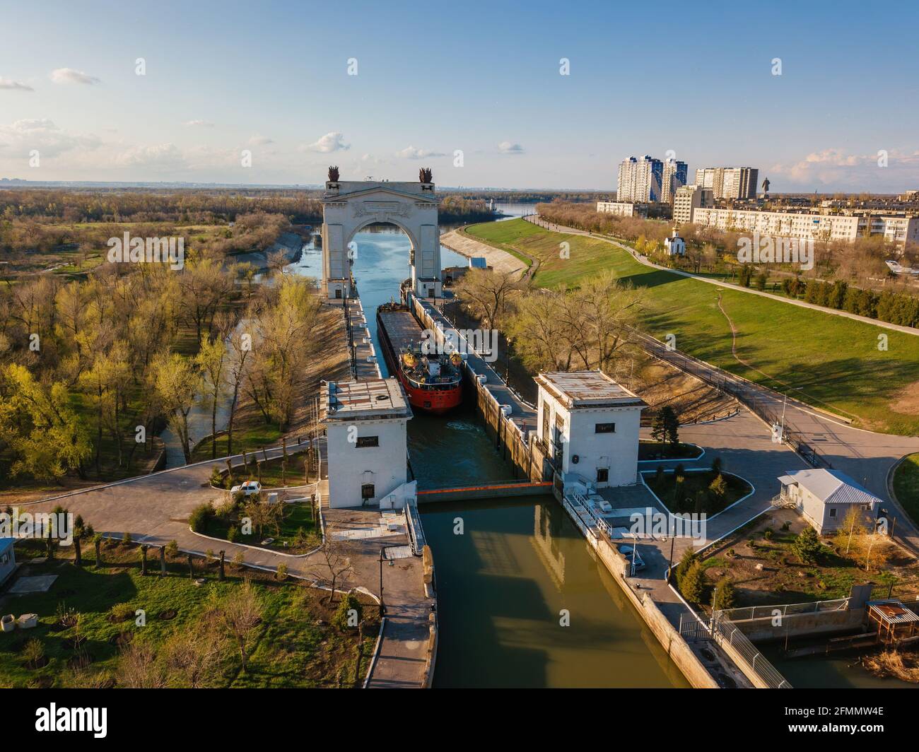 Volga-Don Shipping Canal in Volgograd, aerial view Stock Photo - Alamy