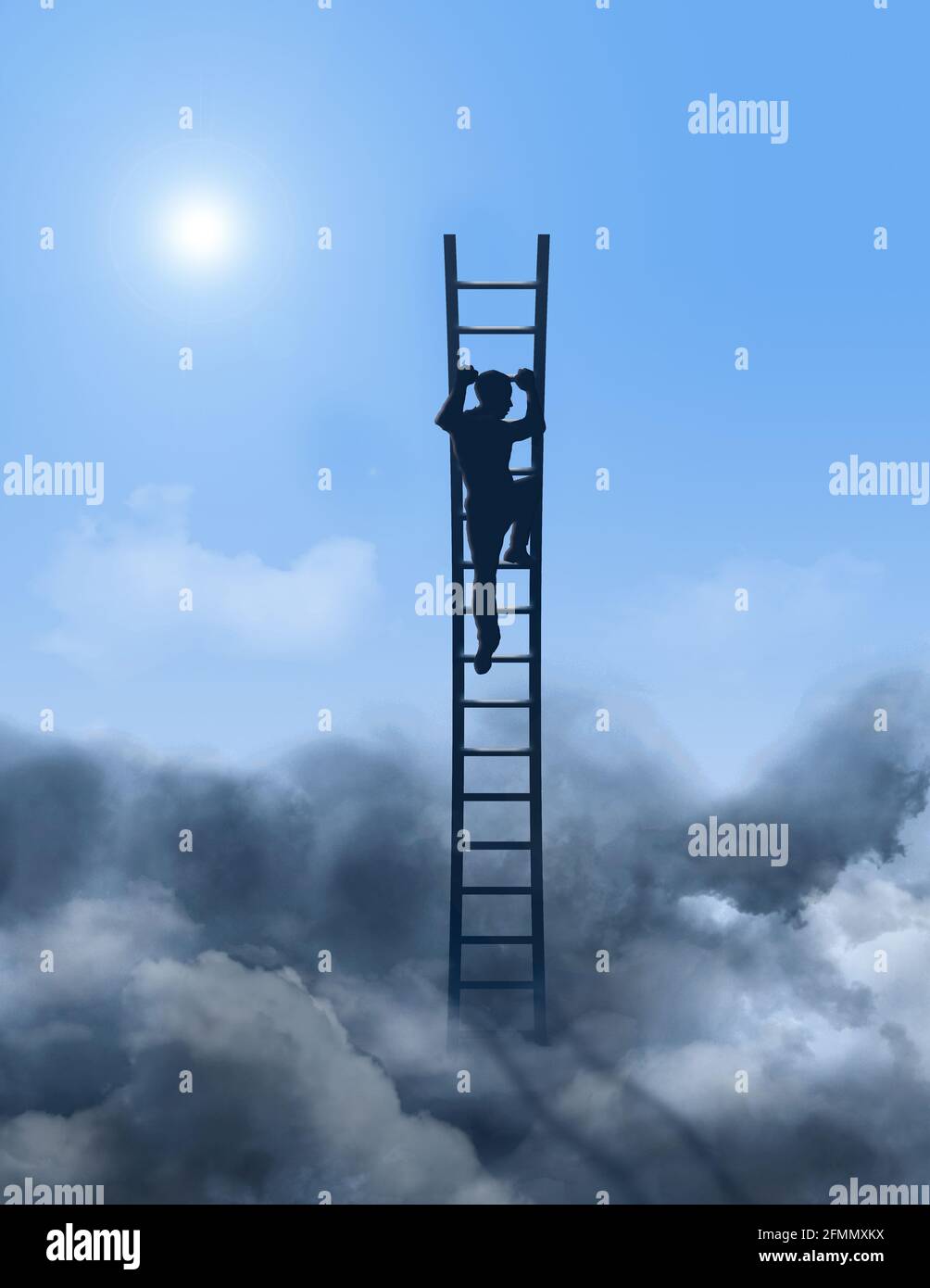 An overachiever, a man, climbs a ladder through dark storm clouds to ...
