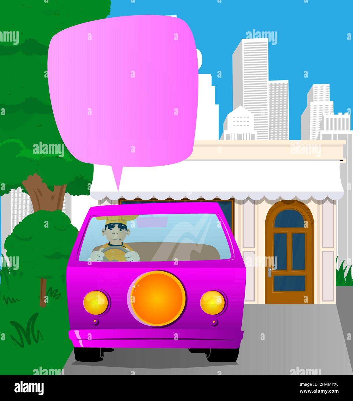 Fat male cartoon chef in uniform driving a van, holding a steering ...